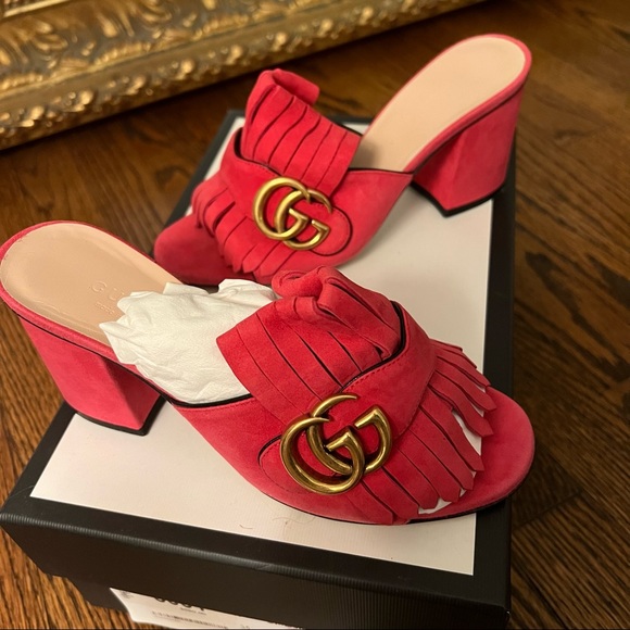 Gucci Shoes Gucci Marmont Fringed Suede Mules Pink Poshmark